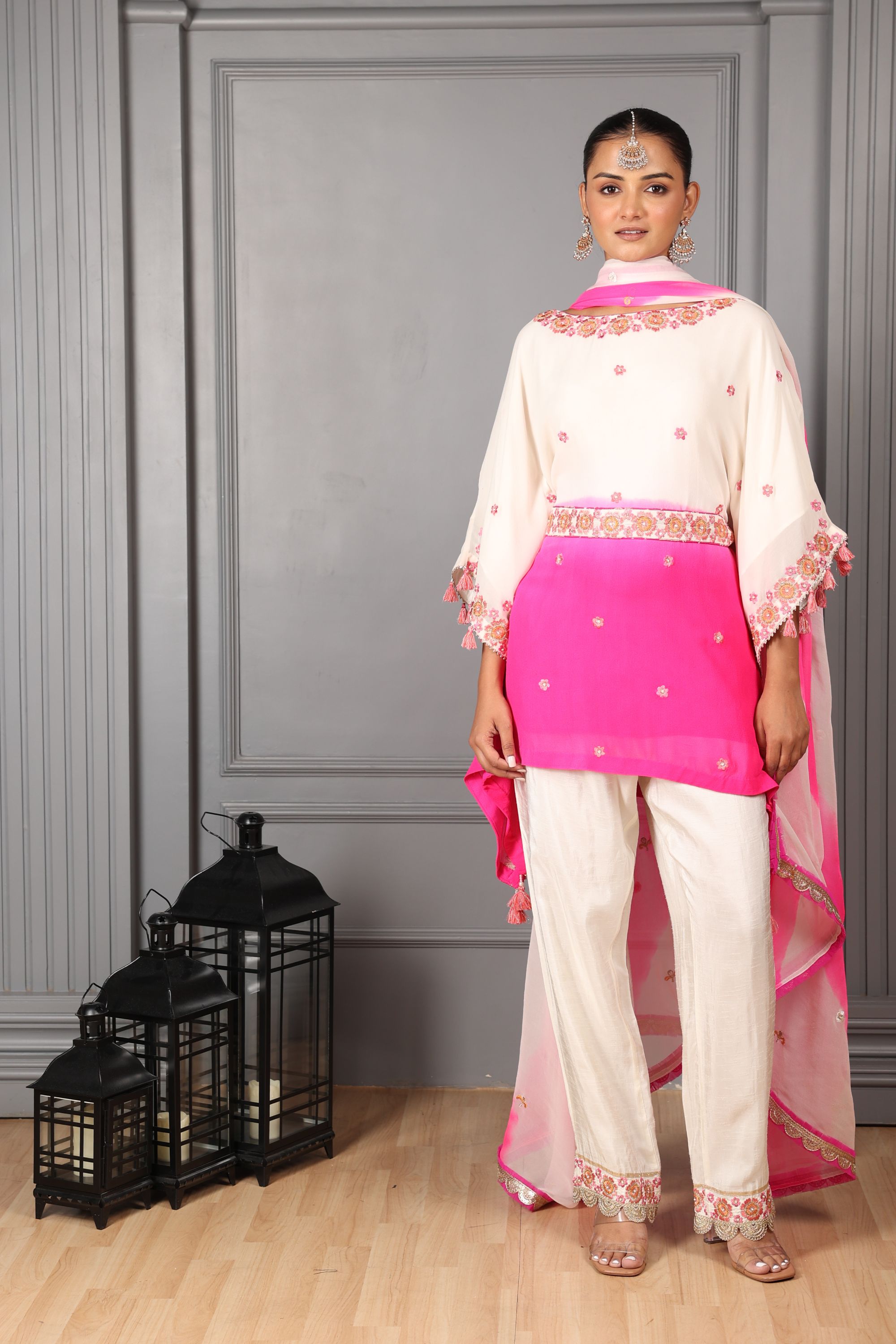 Off-White & Pink Ombre Embroidered Stylized Kaftan Kurta Set – Gyans